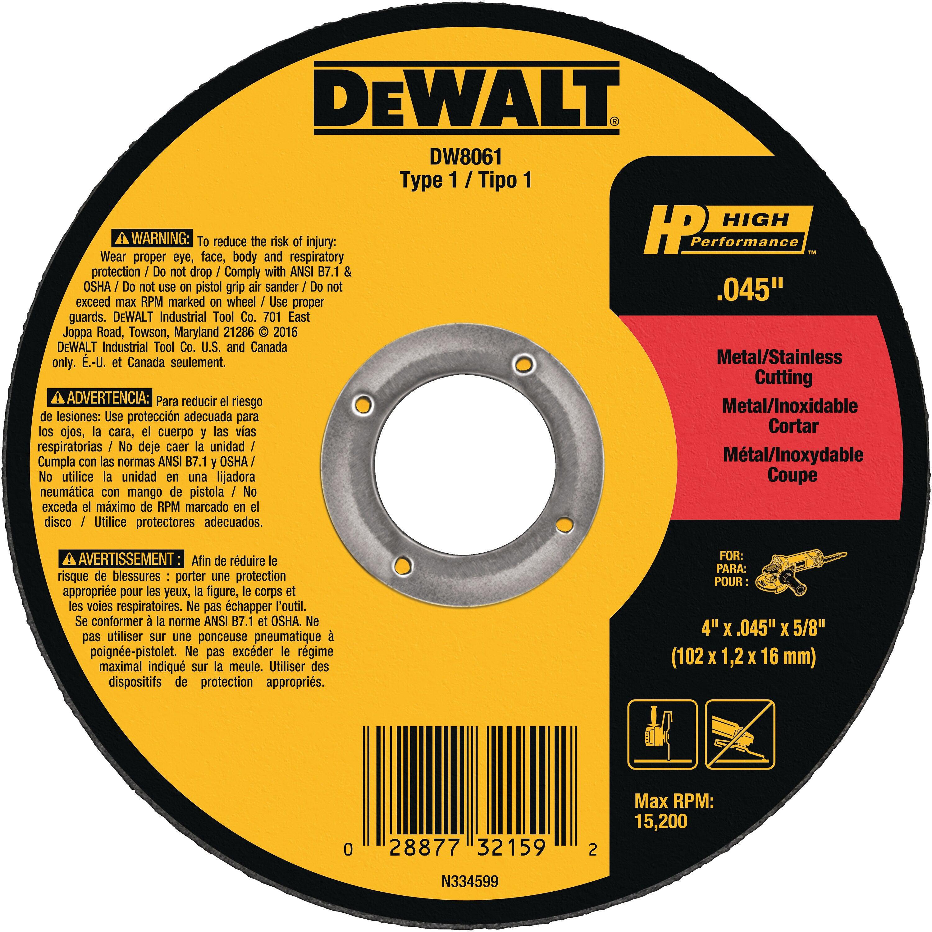 Dewalt cut-off wheel - Type 1 - 4" x .045" x 5/8" - 25/box - DW8061 ...
